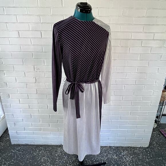 Unknown | Dresses | Vintage 7s Black White Striped Polyester Dress ...